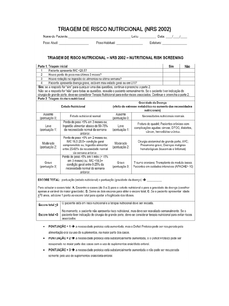 Triagem de Risco Nutricional NRS 2002 | PDF | Doenças e distúrbios ...