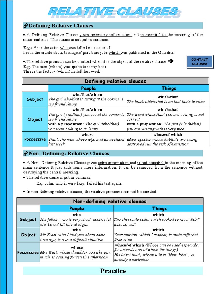 Defining Relative Clauses: Practice | PDF | Syntax | Grammar