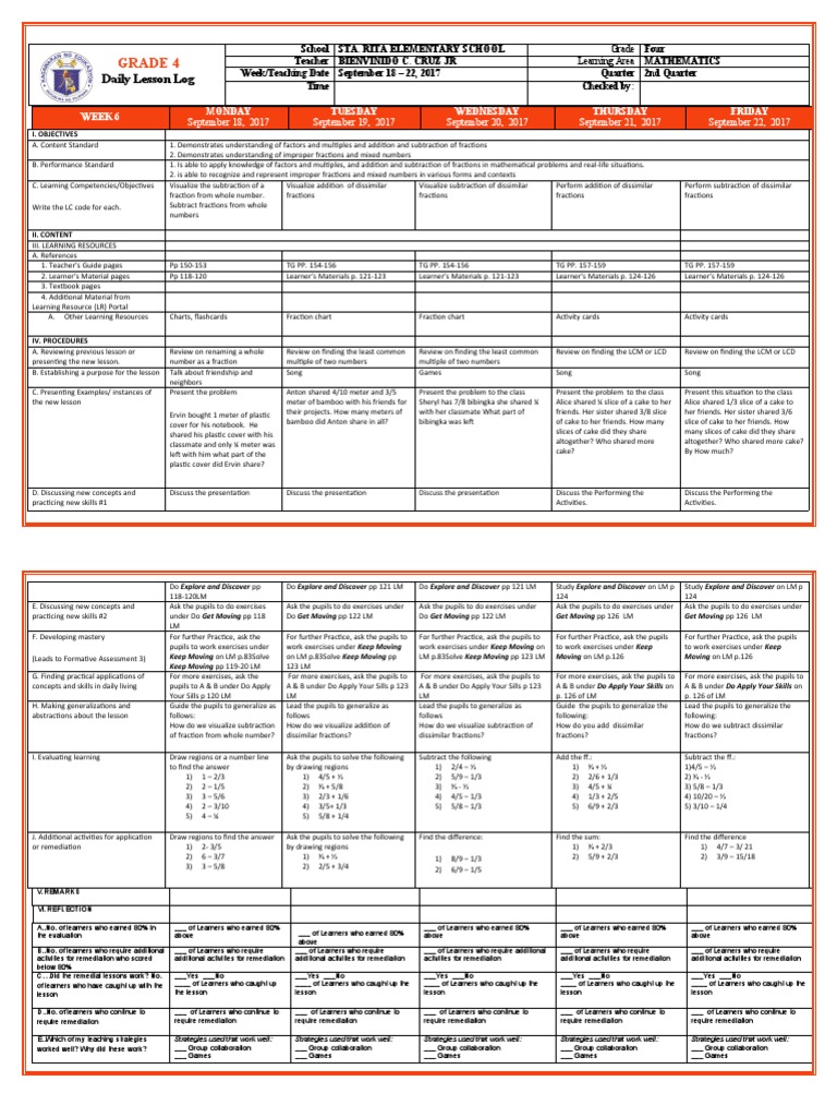Grade 4 Math DLL: Week 6, Quarter 2 | PDF | Fraction (Mathematics ...