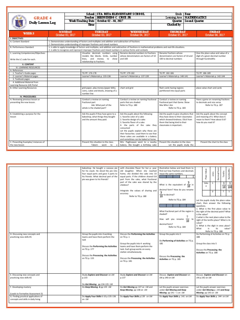 Grade 4 DLL Quarter 2 Week 8 (Sir Bien Cruz) | PDF | Fraction ...