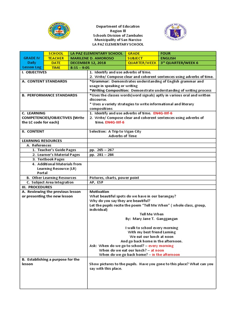 Grade 4 English Lesson Plan: Adverbs | PDF | Learning | Teachers