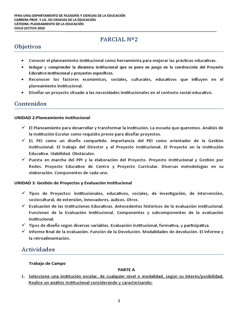 PARCIAL Planeamiento 2020 | PDF | Planificación | Institución