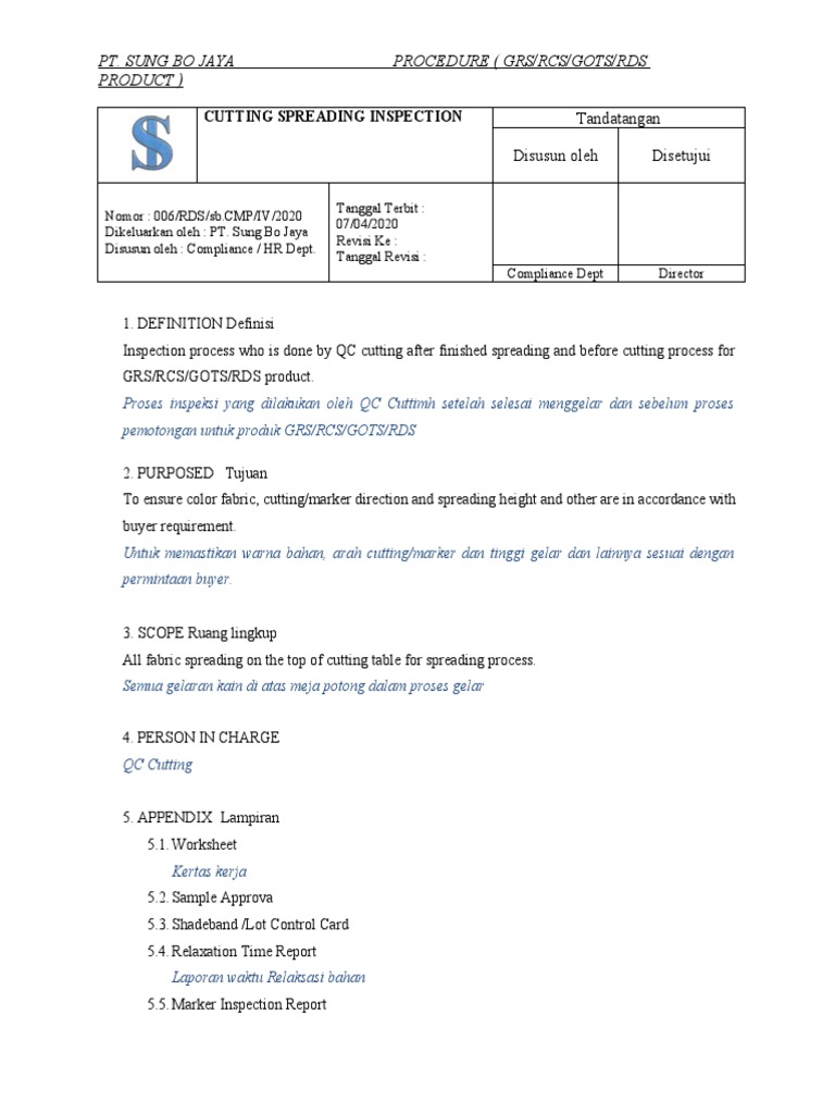 SOP Cutting Spreading Inspection | PDF