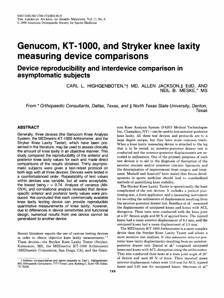 Genucom, KT-1000, and Stryker Knee Laxity | PDF | Knee | Analysis Of ...