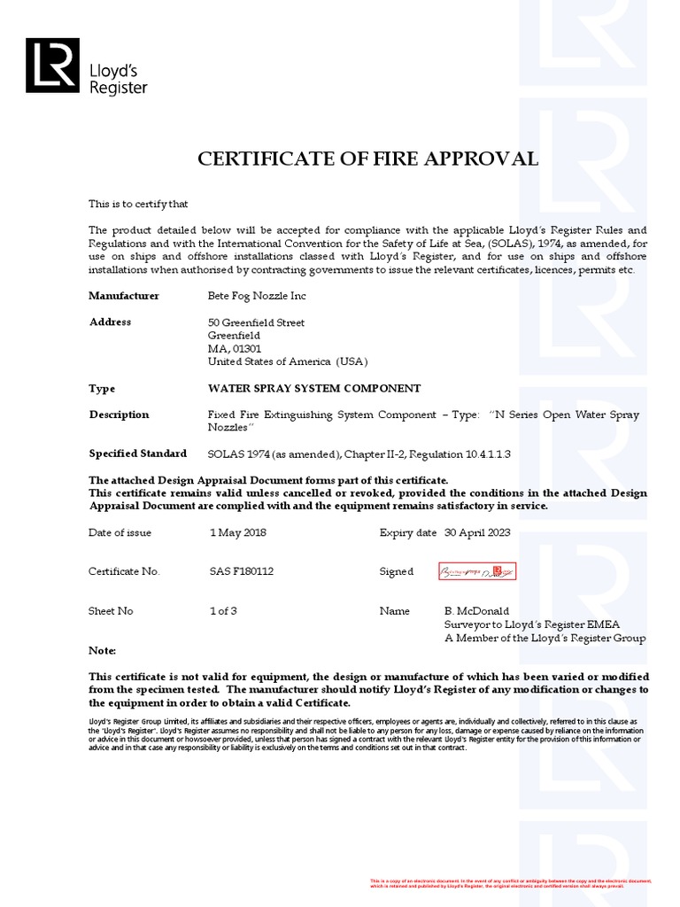 Certificate of Fire Approval: Lloyd's Register EMEA | PDF | Bronze | Alloy