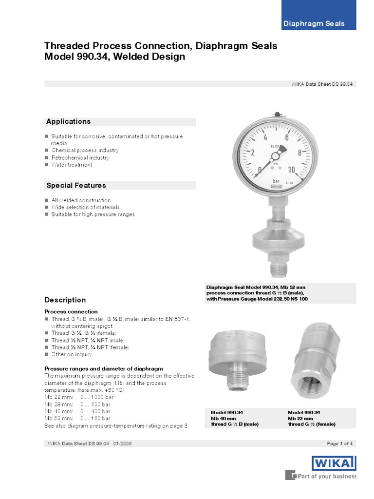 Threaded Process Connection, Diaphragm Seals Model 990.34, Welded ...