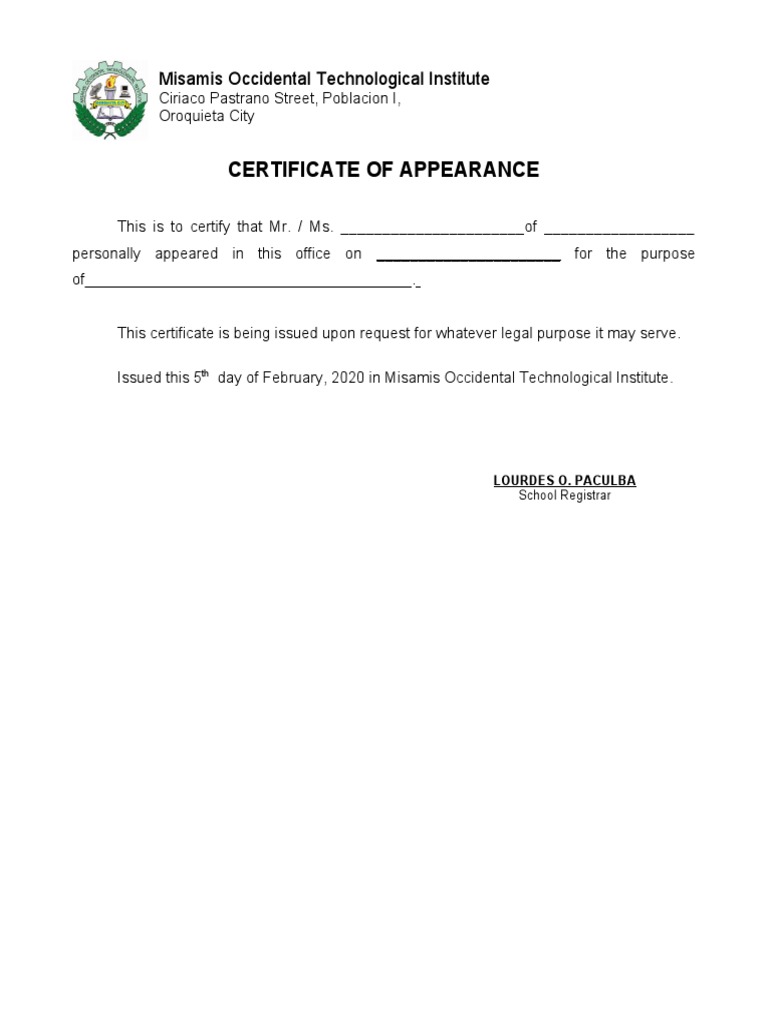 Certificate of Appearance Template | PDF