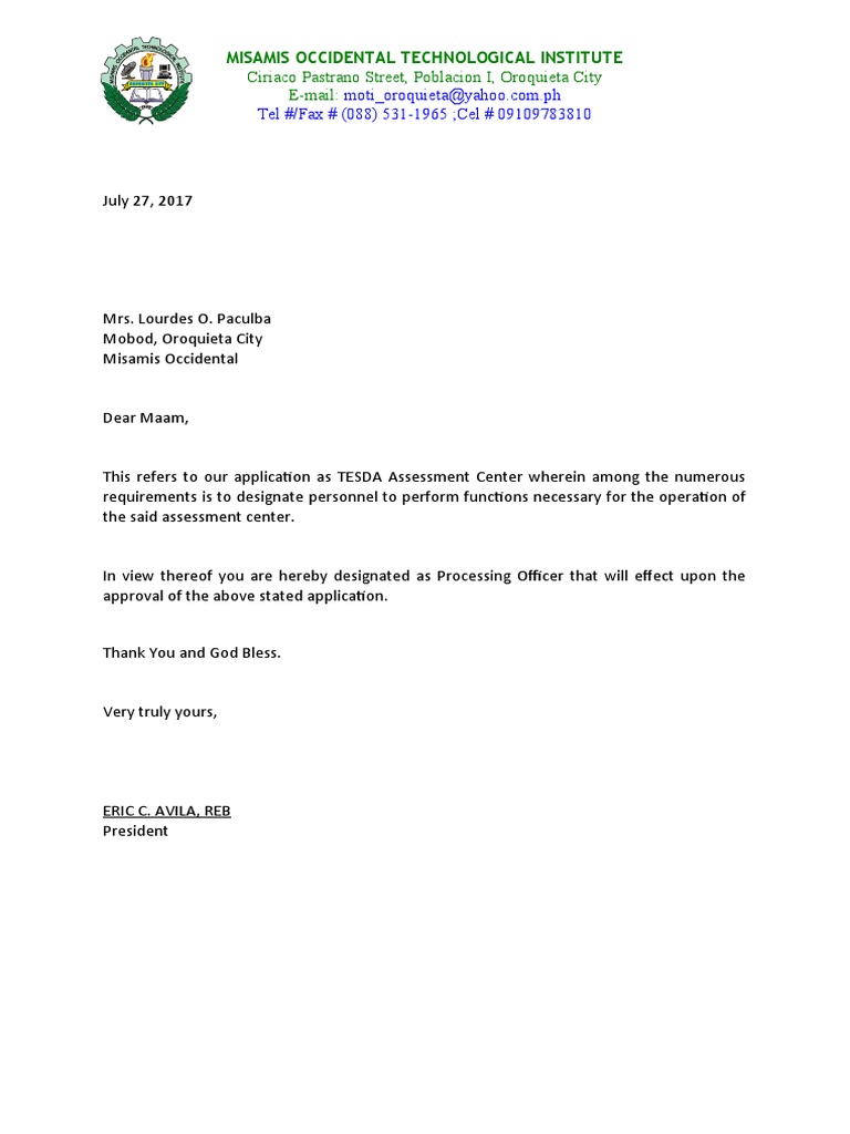TESDA Assessment Center Designation Letter | PDF | Career & Growth