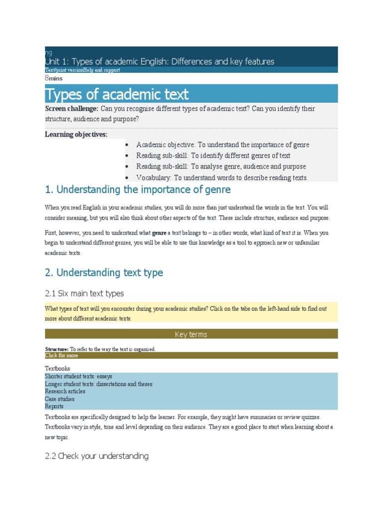 Types of Academic Text: 1. Understanding The Importance of Genre | PDF ...