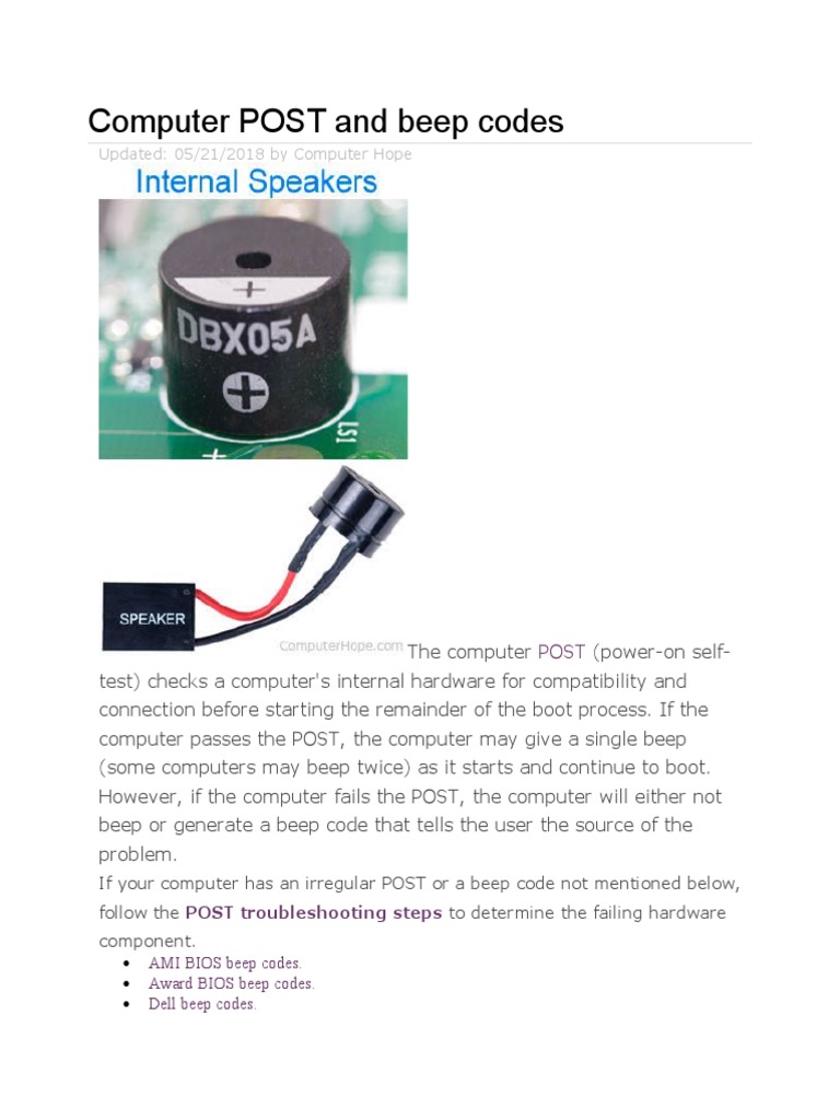 Computer POST and Beep Codes | PDF | Bios | Booting