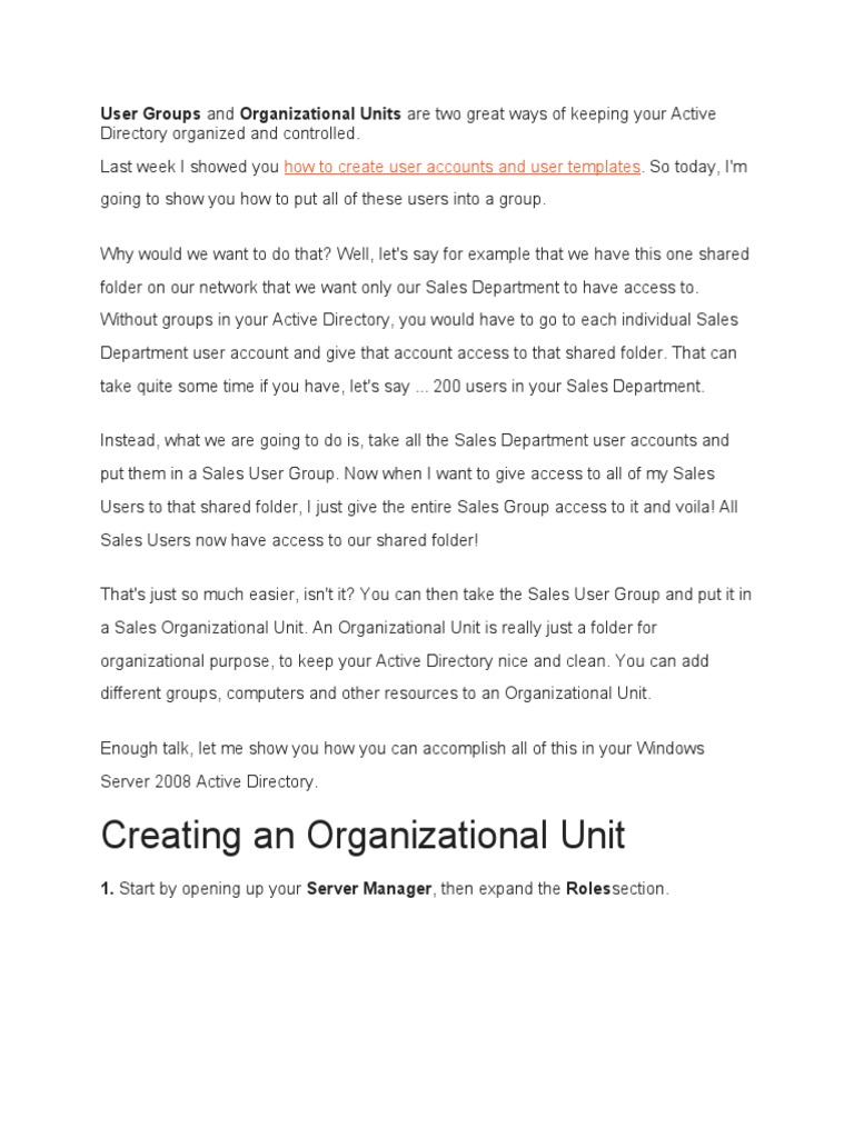 Creating An Organizational Unit: User Groups and Organizational Units ...