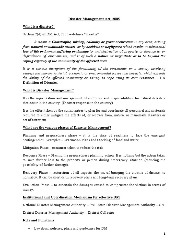 Disaster Management ACt, 2005 | PDF | Emergency Management | Natural ...