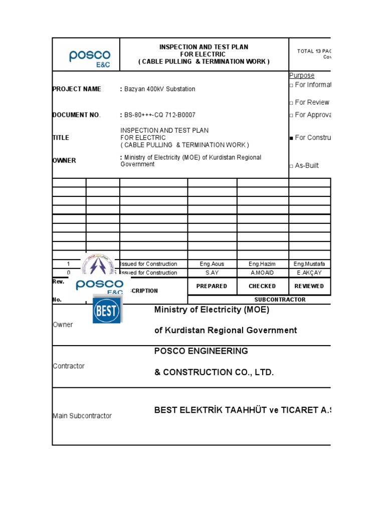(Electric Cable Pulling and Termination Work ITP) FINAL Rev1 | PDF ...