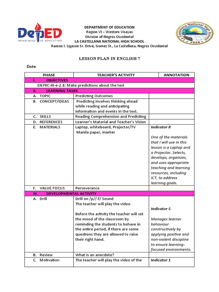 Lesson Plan in English 7 Date: Phase Teacher'S Activity Annotation I ...