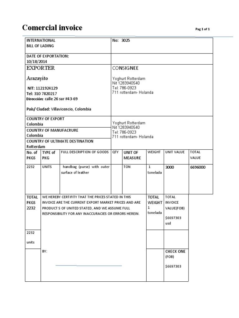 Comercial Invoice: Exporter Arazayito Consignee | PDF | Bill Of Lading ...