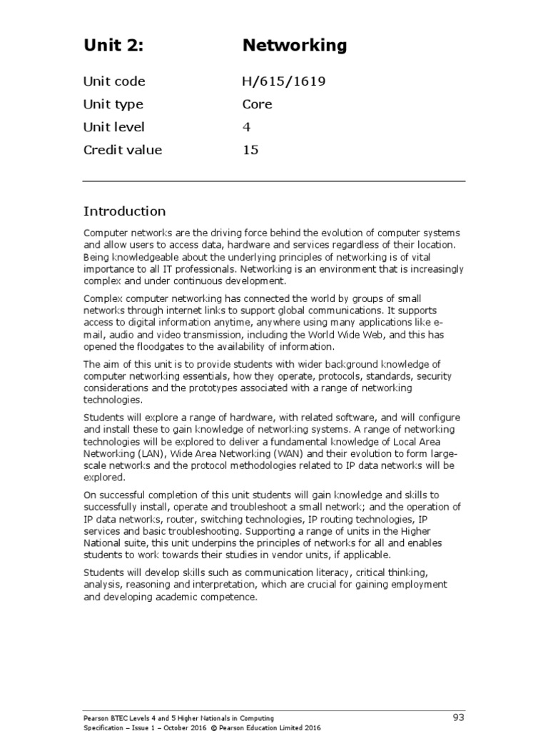 Unit 2: Networking: Unit Code H/615/1619 Unit Type Core Unit Level 4 ...