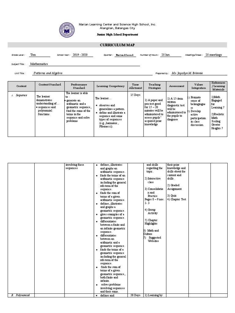 Mathematics Curriculum Map for Grade 10 Students at Marian Learning ...