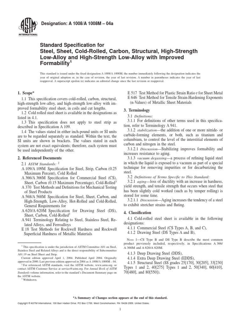 Astm A 1008 - 2004 PDF | PDF | Sheet Metal | Rolling (Metalworking)