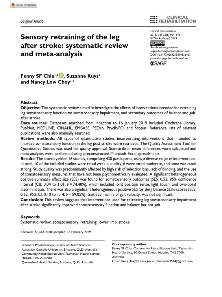 Sensory Retraining of The Leg After Stroke: Systematic Review and Meta ...