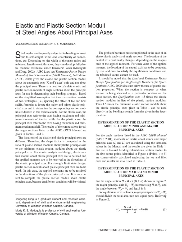 Elastic and Plastic Section Moduli of Steel Angles About Principal Axes ...
