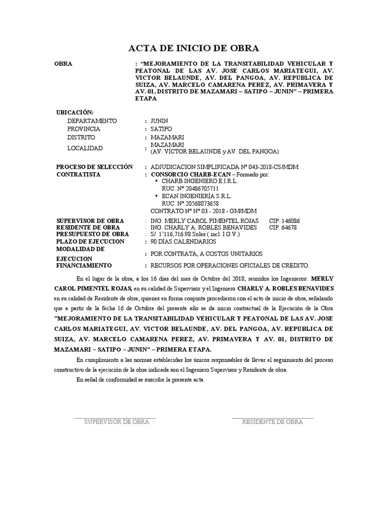 Acta de Inicio de Obra | PDF