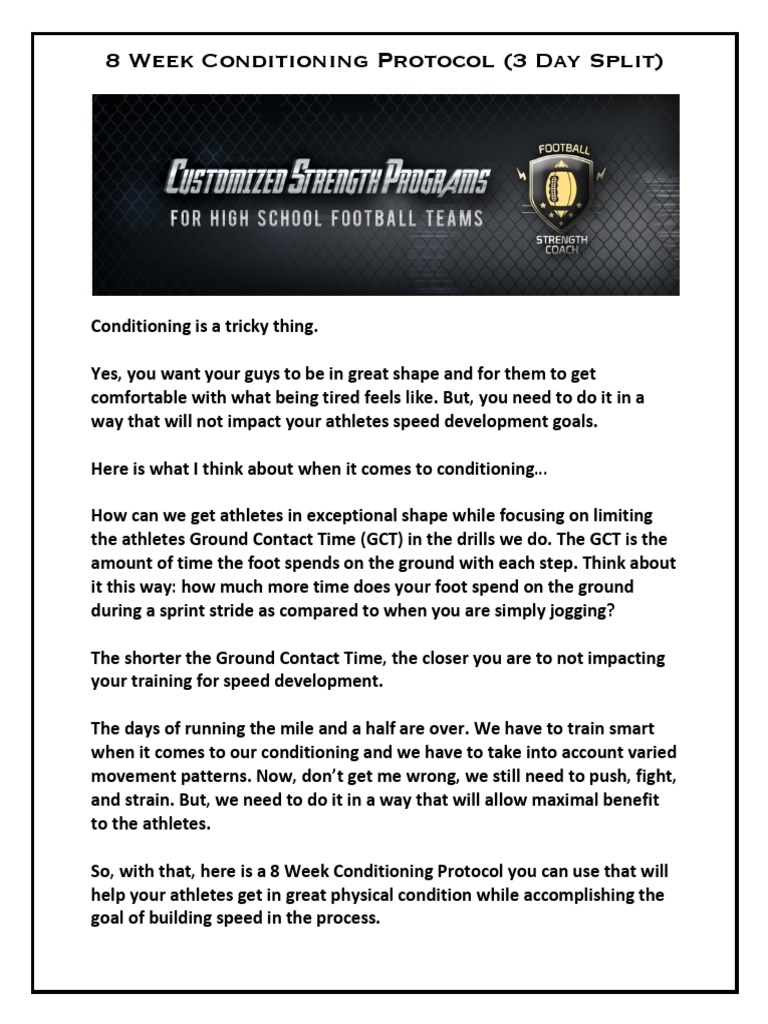 8 Week Conditioning Protocol (3 Day Split) | PDF | Sports | Leisure