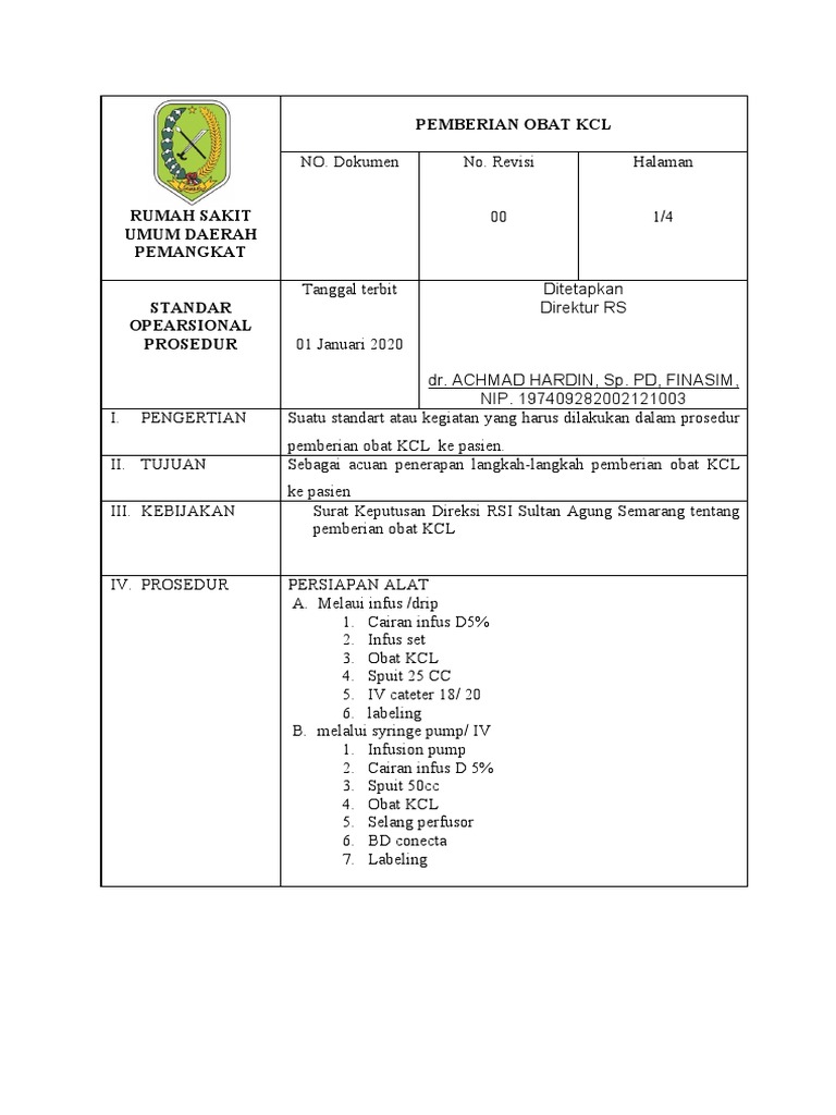 Prosedur Pemberian Obat KCL di RS Pemangkat | PDF | Kesehatan Holistik ...