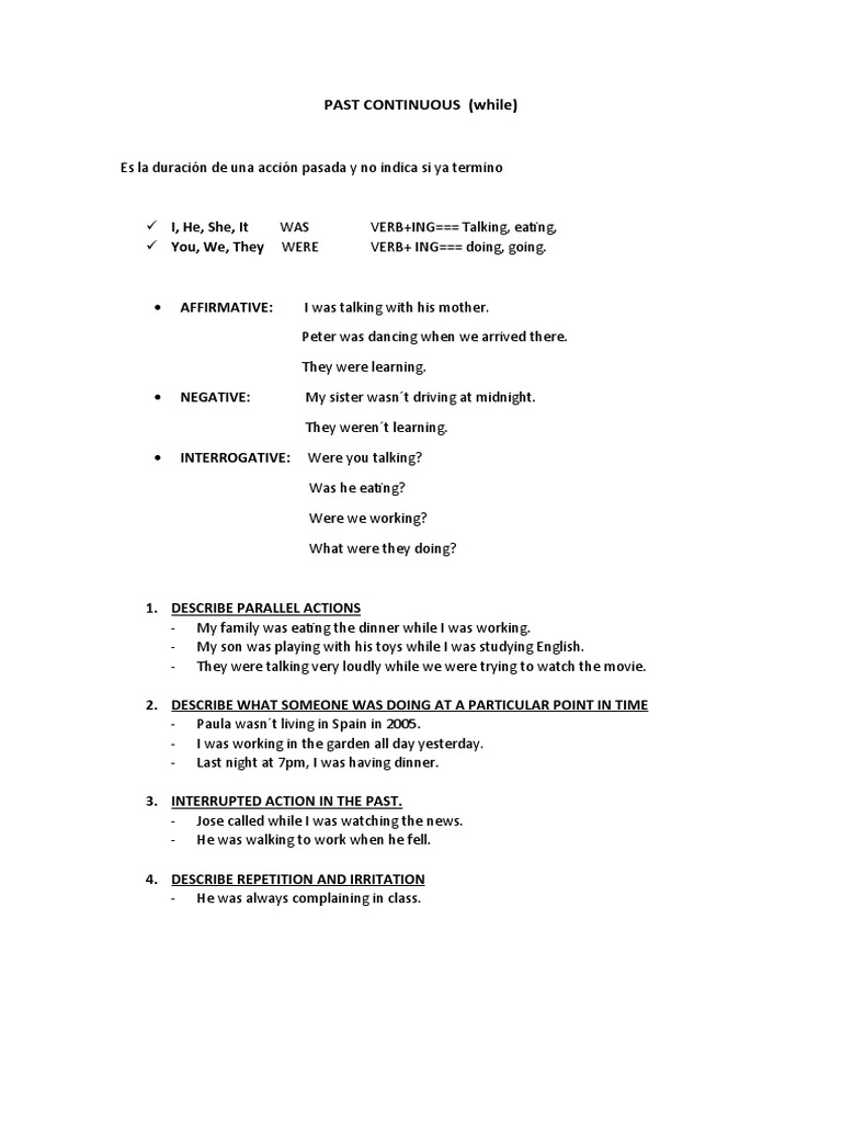 Past Continuous (While) : 1. Describe Parallel Actions | PDF