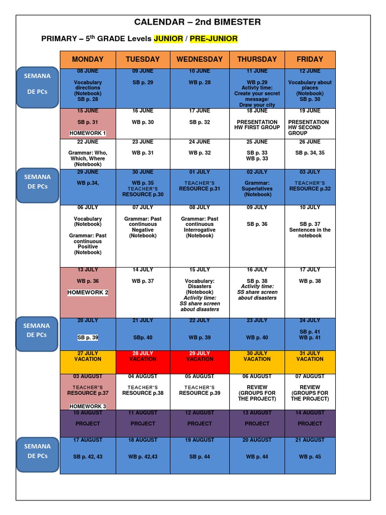 Calendar - 2Nd Bimester: Primary - 5 Grade Levels Junior / Pre-Junior ...