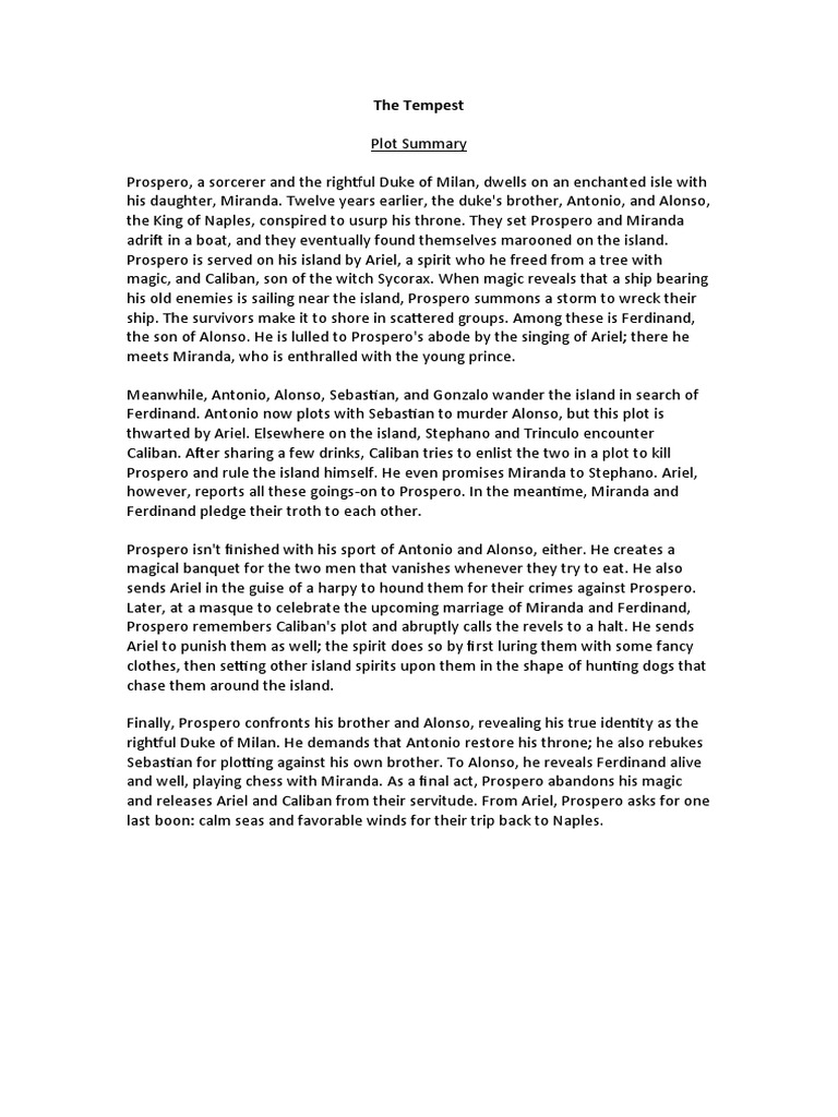 The Tempest Plot Summary | PDF | The Tempest | Shakespearean Characters