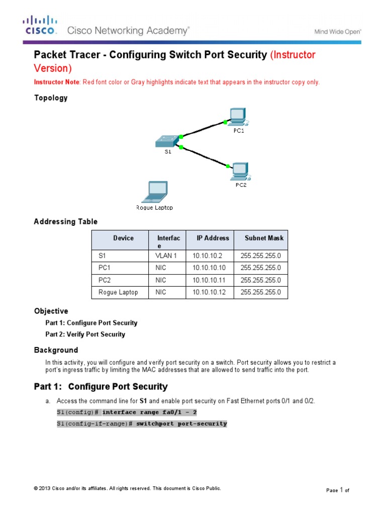 2.2.4.9 Packet Tracer - Configuring Switch Port Security Instructions ...