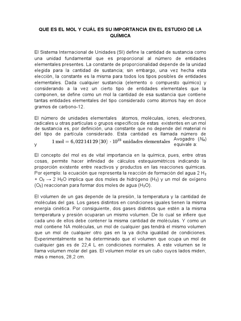 Definición e Importancia del Mol en Química | PDF | Ciencia y ...