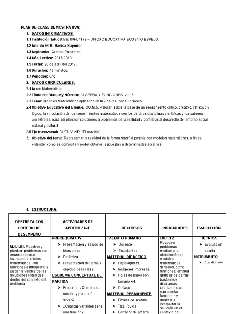 Plan de Clase Demostrativa.. | PDF | Enseñanza de matemática | Función (Matemáticas)