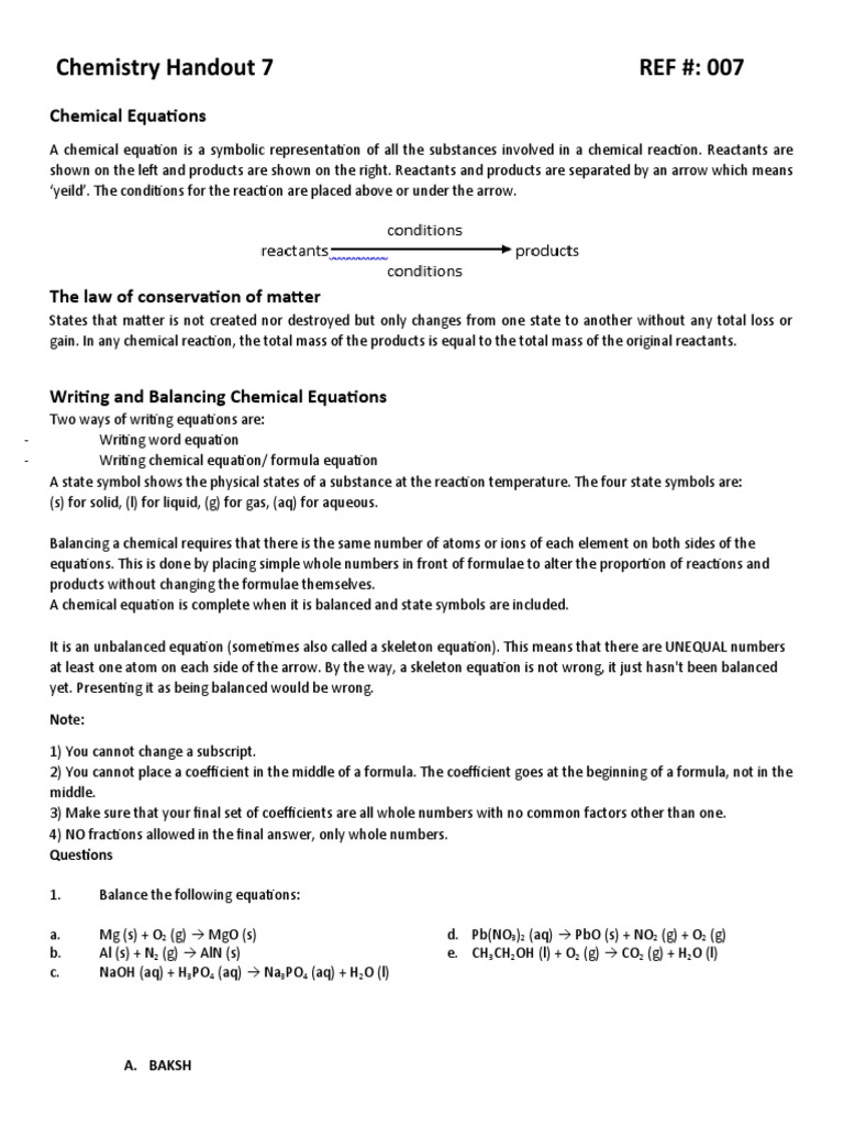 Chemistry Handout 7 REF #: 007: Chemical Equations | PDF | Oxide ...