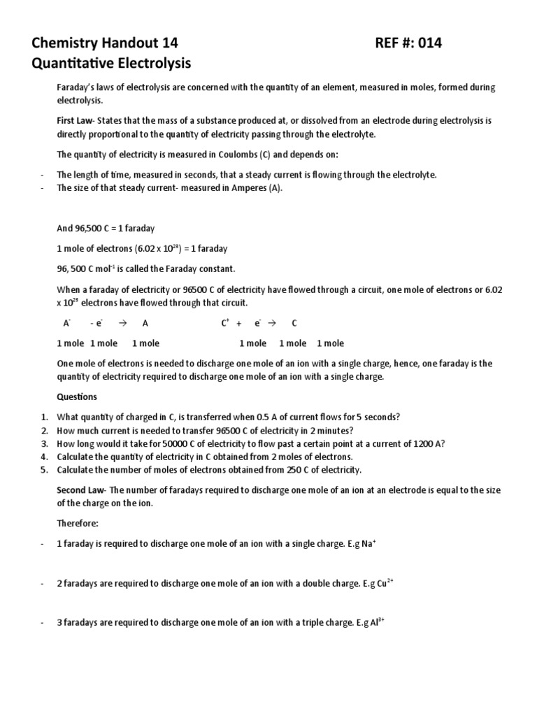 Chemistry Handout 14 REF #: 014 Quantitative Electrolysis | Download Free PDF | Chlorine ...