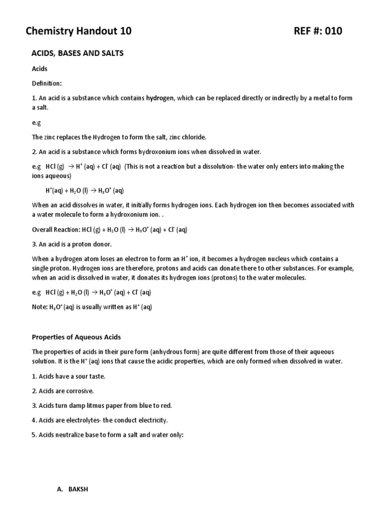 Chemistry Handout 10 | PDF | Acid | Oxide