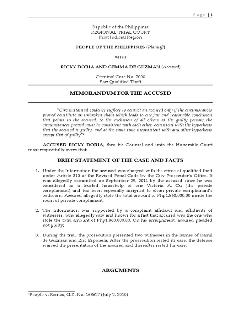Memorandum For The Accused: People of The Philippines (Plaintiff) | PDF ...