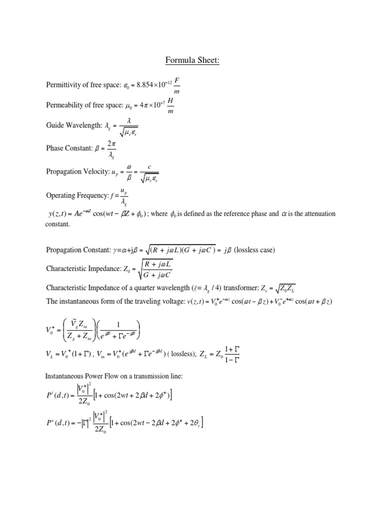 Updated Formula Sheet-Quiz 1 | PDF | Telecommunications | Electrical ...