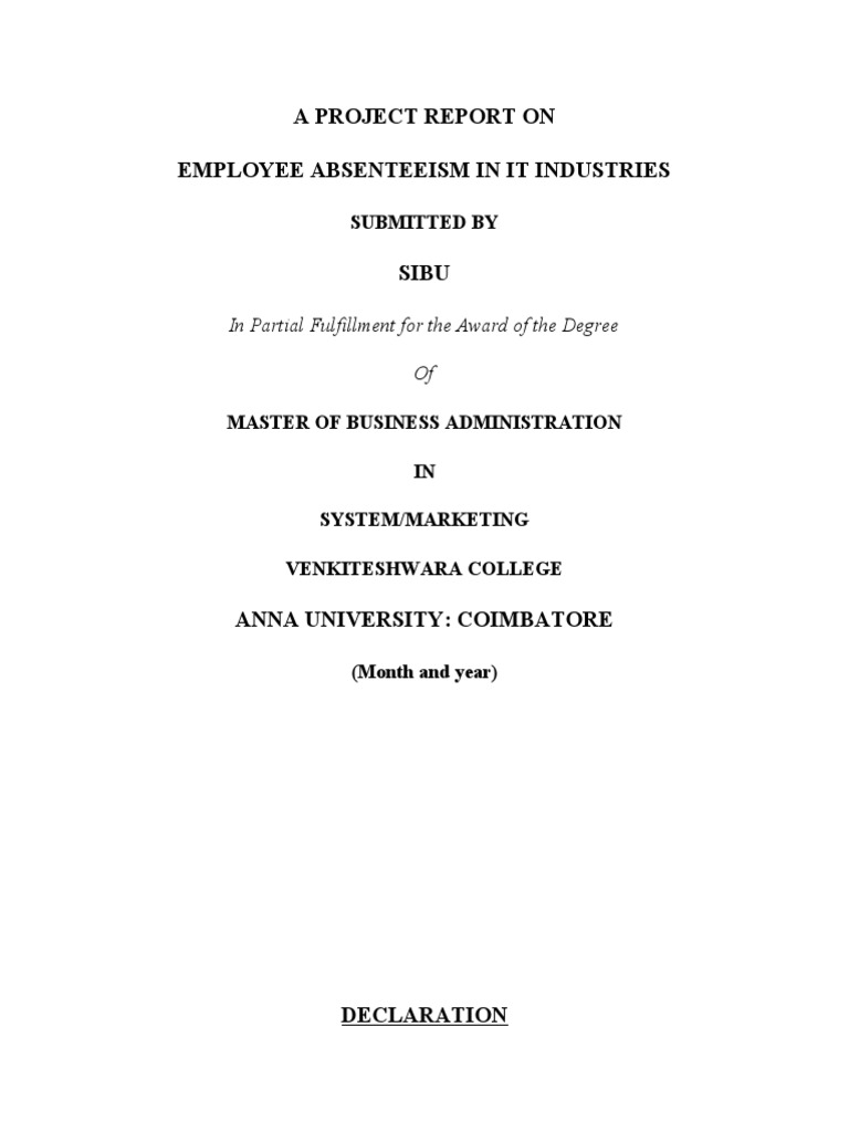 A Project Report On Employee Absenteeism | PDF | Economies | Business