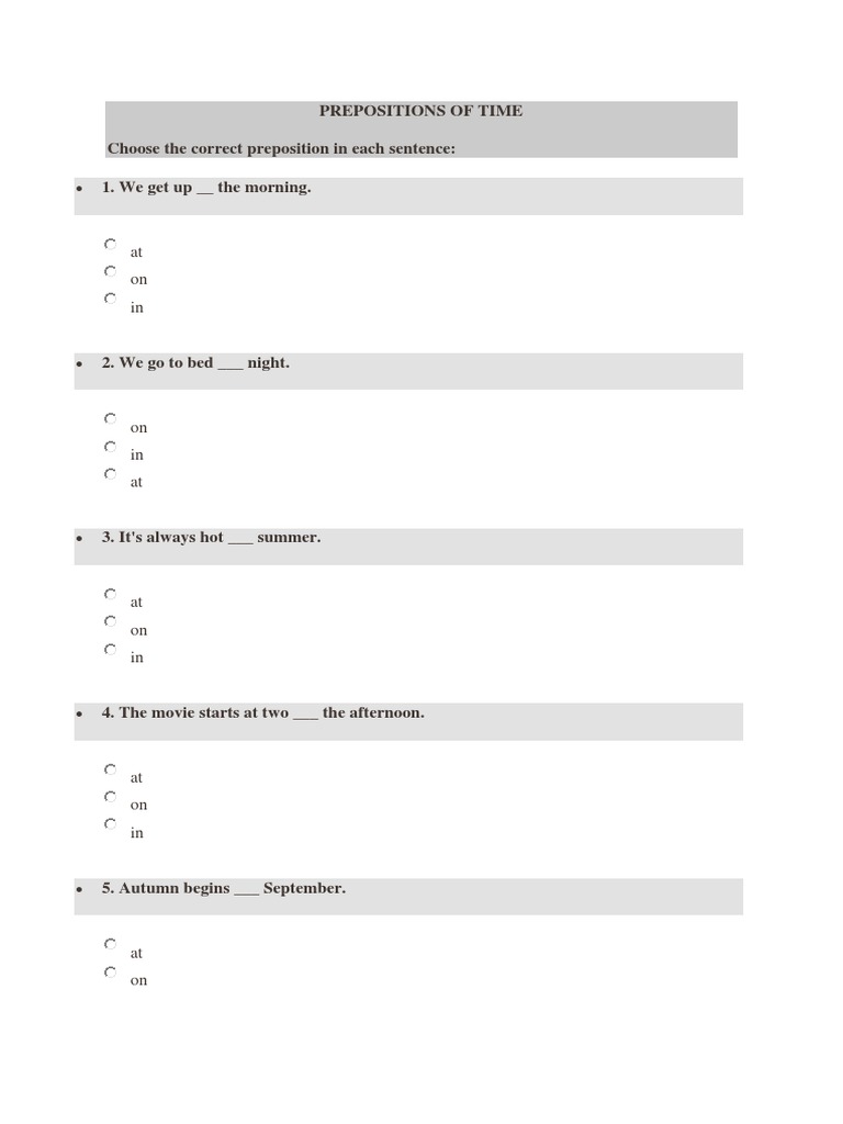 Quiz Prepositions | Download Free PDF | Nature