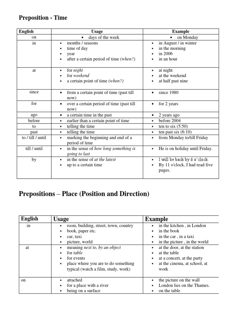 English - Preposition Time, Place, Direction | PDF | Workweek And ...