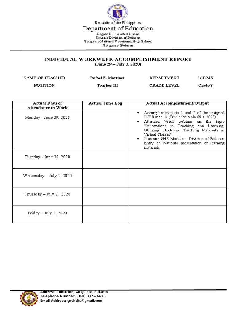 Department of Education: Individual Workweek Accomplishment Report | PDF | Cognition | Behavior ...