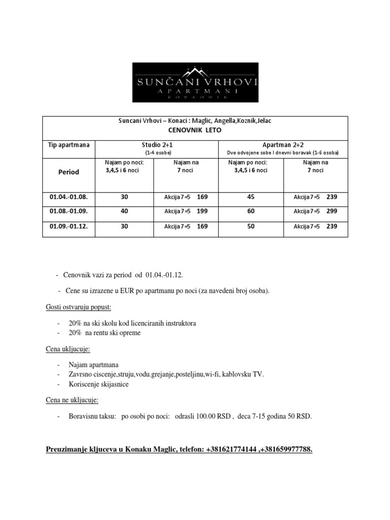 CENOVNIK LETO 2020 Konaci Maglic | PDF