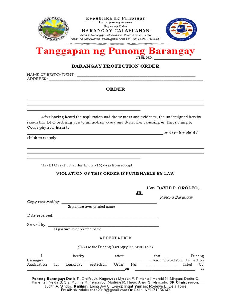 Barangay Protection Order Template | PDF