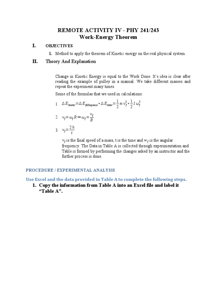Remote Activity Iv - Phy 241/243 Work-Energy Theorem: Theory and Explanation | PDF | Kinetic ...