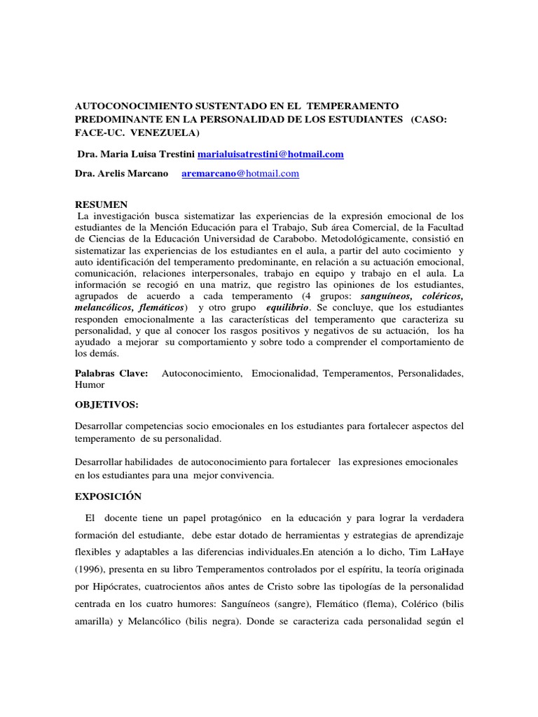 Autoconocimiento Sustentado en El Tempreamento Predominante en La Personalidad de Los ...