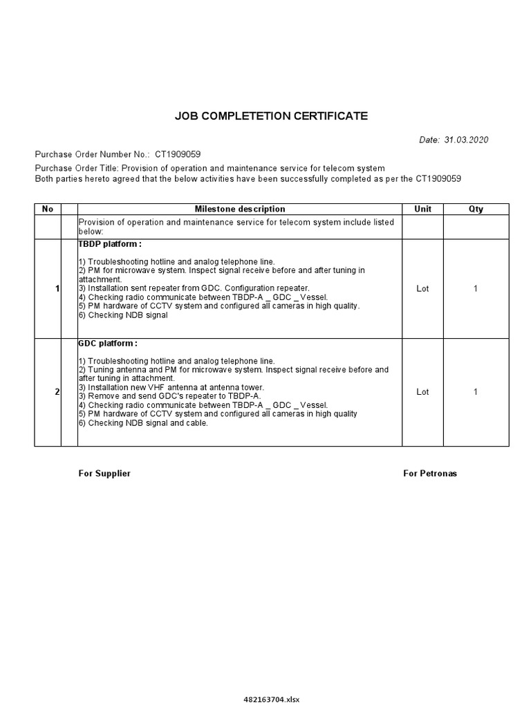 Job Completion Certificate for Telecom Services | PDF