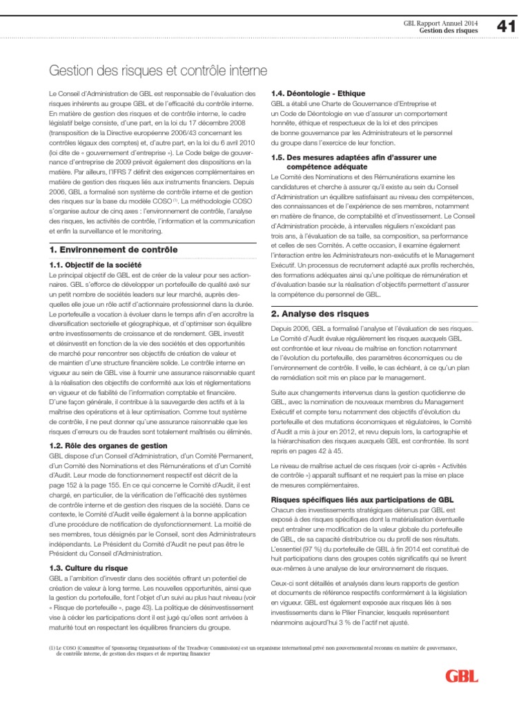 Gestion des Risques chez GBL en 2014 | PDF | Contrôle interne | Risque