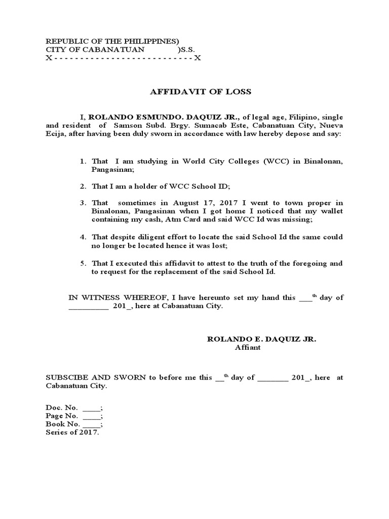 Affidavit of Loss School Id | PDF