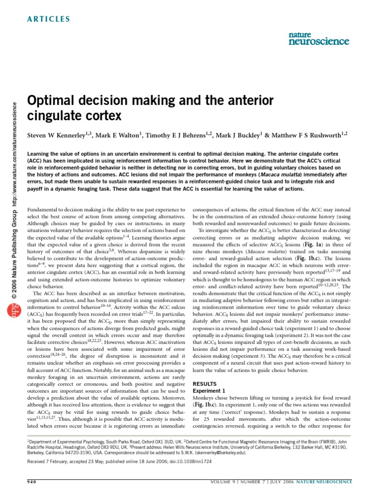 Optimal Decision Making and The Anterior Cingulate Cortex: Articles ...